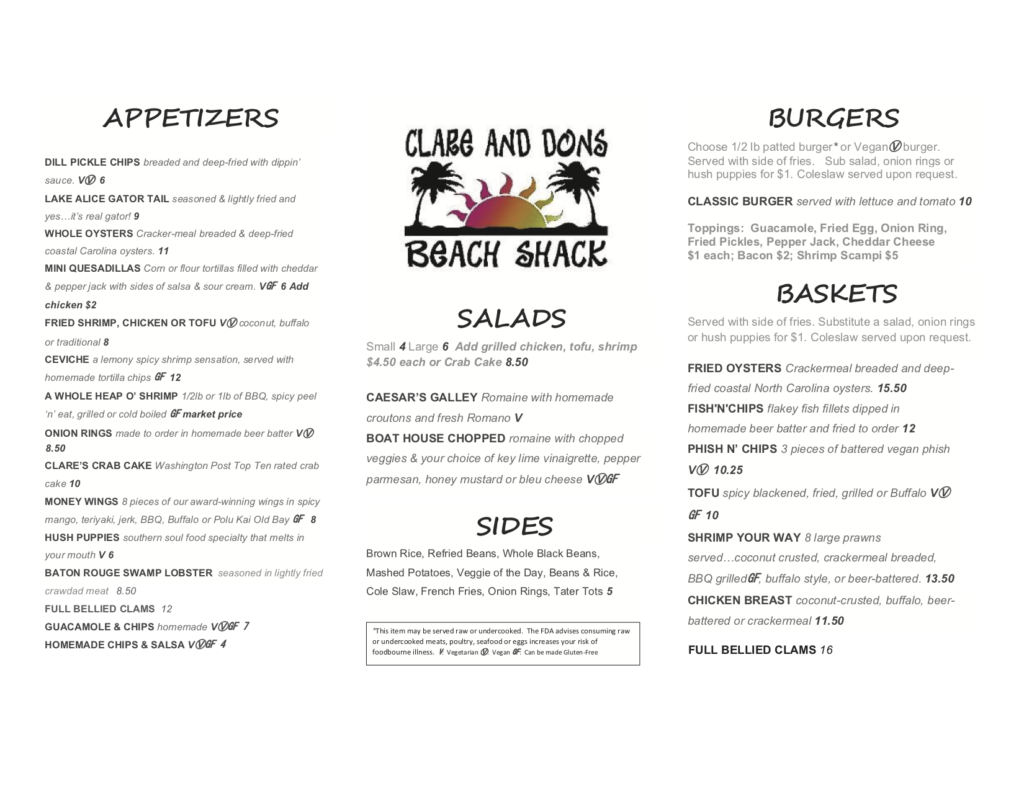 Clare and Don’s Beach Shack | Shack Menu as of 3:7 Front - Clare and ...